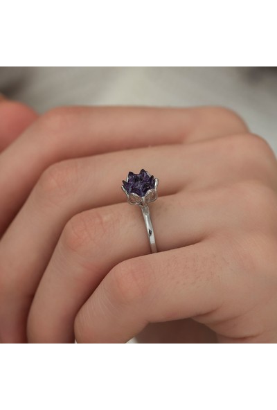 Ervanur Gümüş Kaplama Ametist Mor Zirkon Taşlı Lotus Çiçeği Kadın Yüzük