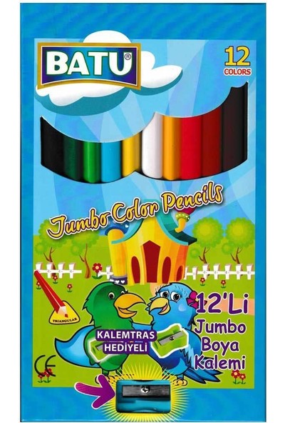 Batu Tam Boy Kalemtıraşlı Jumbo Kuru Boya 12'li Batu Tam Boy Kalemtıraşlı Jumbo Kuru Boya 12'li