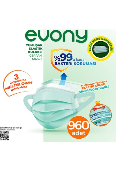 Evony Yumuşak Elastik Kulaklı Tekli Paketlenmiş Cerrahi Maske 960 Adet Evony Yumuşak Elastik Kulaklı Tekli Paketlenmiş Cerrahi Maske 960 Adet