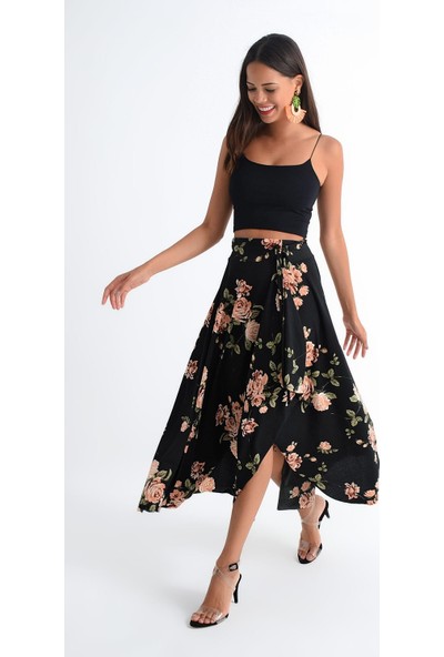 Kasheha Kadın Pudra-Siyah Asimetrik Kesim Beli Bağlamalı Etek - KAD3325323