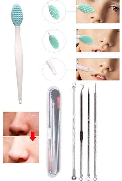 4 Parça Kutulu Paslanmaz Çelik Komedon + Siyah Nokta Temizleyici Dudak Peeling Fırçası