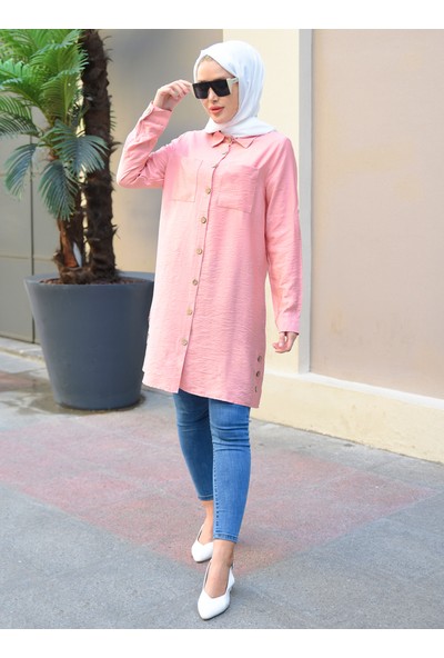 Por La Cara Yandan Üç Düğmeli Çift Cepli Gömlek Tunik Gül Kurusu