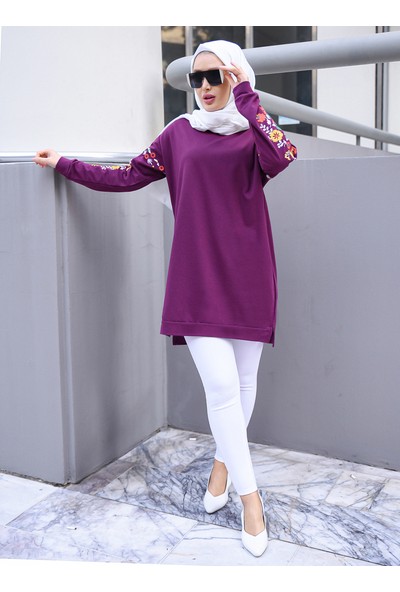 Por La Cara Kolları Çiçek Desenli Sweatshirt Kobalt Mor