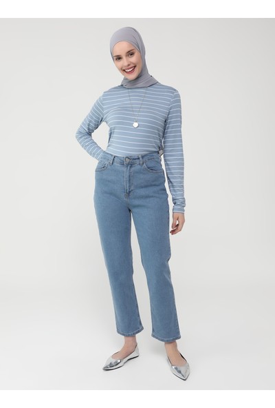 Refka Casual Mom Kalıp Likralı Yüksel Bel Jean Pantolon Mavi