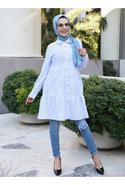 Por La Cara Eteği Üç Parça Fırfırlı Uzun Gömlek Tunik Beyaz