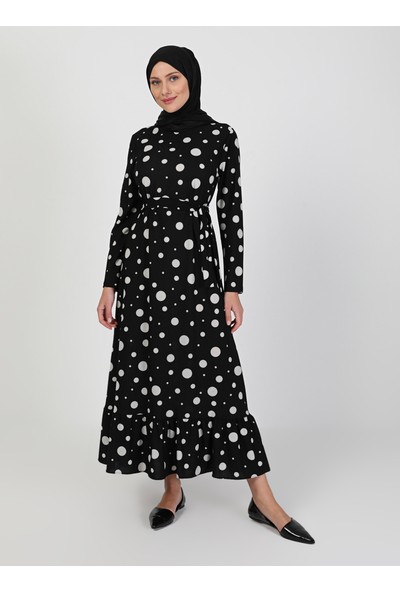 Ecesun Puantiyeli Elbise Siyah