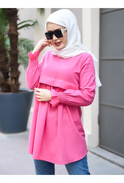 Por La Cara Arkası Düğmeli Fırfırlı Tunik Pembe