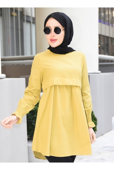 Por La Cara Arkası Düğmeli Fırfırlı Tunik Hardal