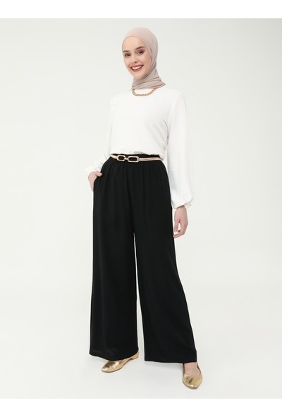 Refka Casual Geniş Paça Beli Lastikli Viskon Pantolon Siyah