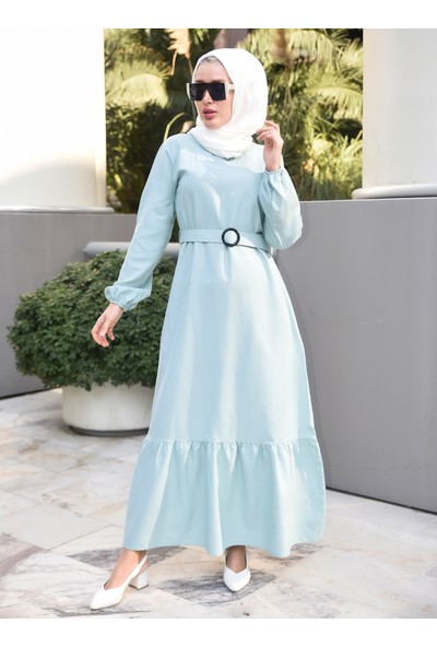 Por La Cara Fırfır Detaylı Kemerli Elbise Su Yeşili