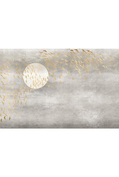 Moda Duvar Dolunay ve Kuşlar Gold Gri Vintage Desen Vinil Duvar Kağıdı Tutkal Hediyeli