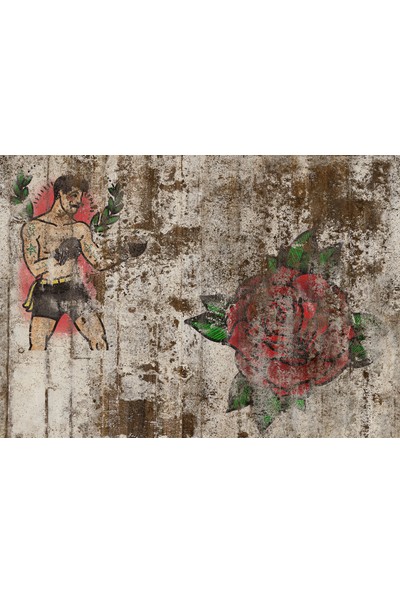 Moda Duvar Boksör ve Gül Vintage Desenli Vinil Duvar Kağıdı Tutkal Hediyeli