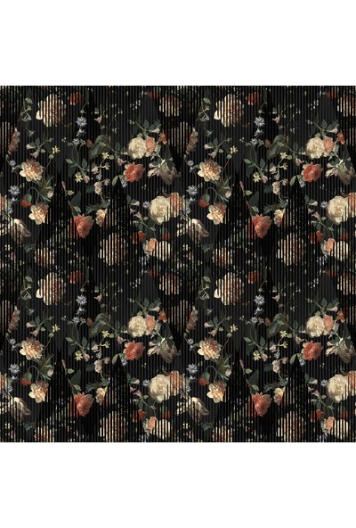 Moda Duvar Vintage Siyah Zeminli Çiçekler Vinil Duvar Kağıdı Tutkal Hediyeli
