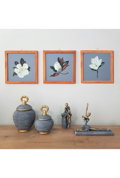 Limenis Beyaz Çiçekler Ahşap Çerçeveli Üçlü Tablo Seti / Duvar Dekoru
