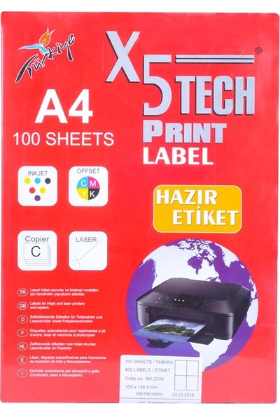 X5 Tech Print Label A4 100 Sheets 400 Labels 105 x 148,5 mm