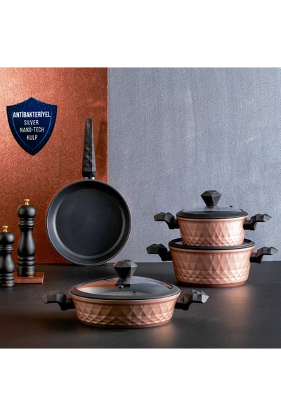 Karaca Bio Diamond Antibakteriyel Kulp Rose Gold 7 Parça Tencere Seti Karaca Bio Diamond Antibakteriyel Kulp Rose Gold 7 Parça Tencere Seti