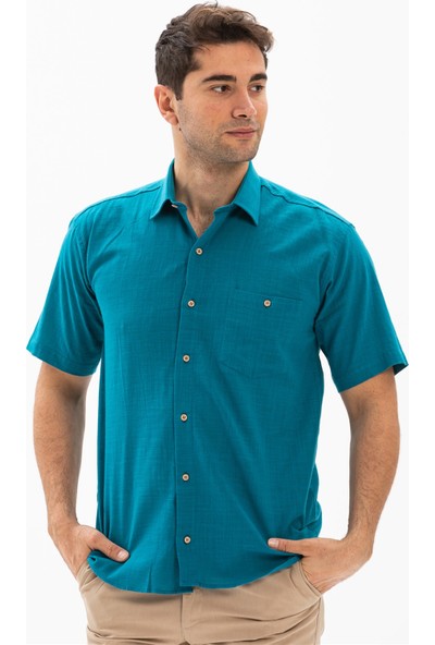 Eliş Şile Bezi Büyük Beden Kısa Kol Şile Bezi Erkek Gömlek Petrol