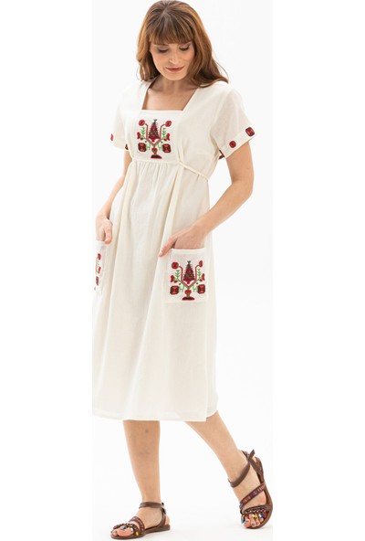 Eliş Şile Bezi Büyük Beden Şile Bezi Melek Elbise Krem