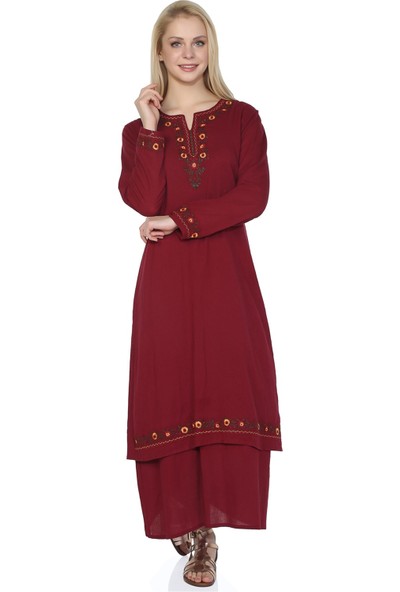 Eliş Şile Bezi Büyük Beden Uzun Kol Şile Bezi Sibel Elbise Bordo
