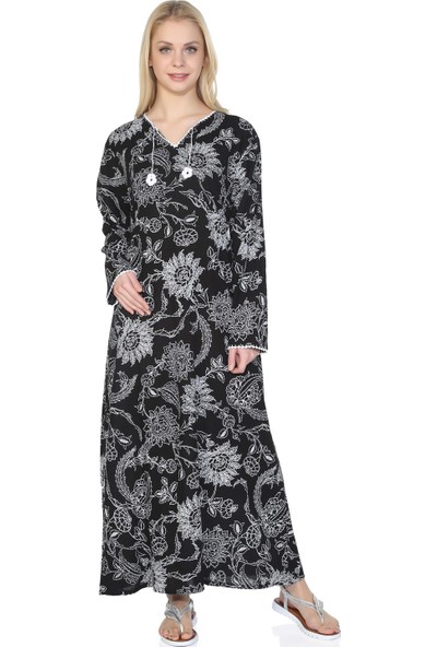 Eliş Şile Bezi Büyük Beden Uzun Kol Şile Bezi Baskılı Elbise Çınar Desen Siyah