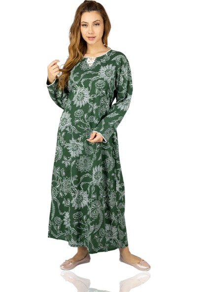 Eliş Şile Bezi Büyük Beden Uzun Kol Şile Bezi Baskılı Elbise Çınar Desen Yeşil