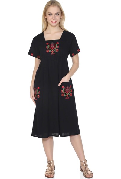 Eliş Şile Bezi Büyük Beden Şile Bezi Melek Elbise Siyah