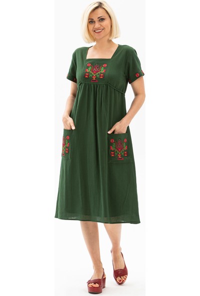 Eliş Şile Bezi Büyük Beden Şile Bezi Melek Elbise Yeşil