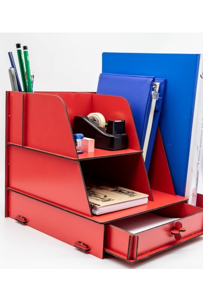 Quppa Masaüstü Evrak Rafı Masa Düzenleyici Ahşap Organizer Kırmızı