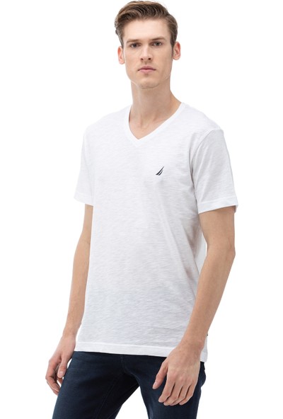 Nautica Erkek Beyaz Kısa Kollu V Yaka Flamlı Slim Fit T-Shirt V61713T.1BW