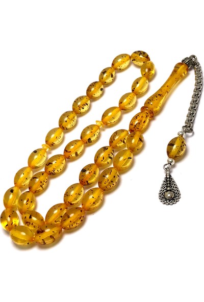 Midyat Gümüş Dünyası Fosilli Toz Pres Kehribar Tesbih