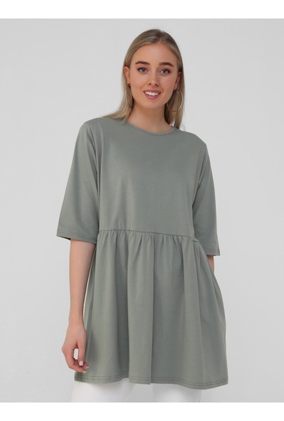 Alia Büyük Beden Doğal Kumaşlı Yarım Kollu Tunik - Yağ Yeşili - Alia