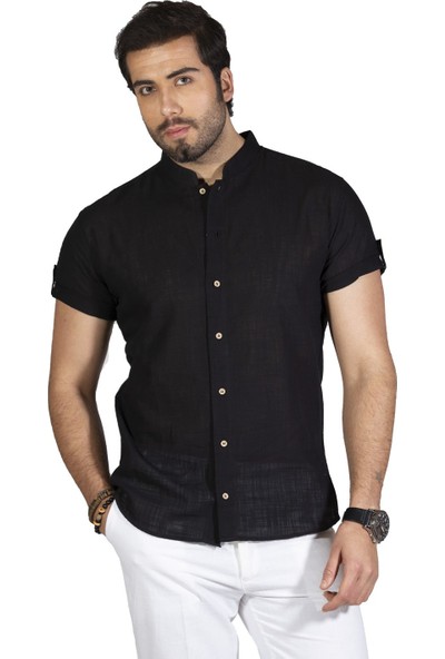 Eliş Şile Bezi Kısa Kol Şile Bezi Bodrum Erkek Gömlek Siyah