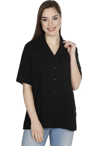 Eliş Şile Bezi Kısa Kol Şile Bezi Oyalı Verev Bluz Siyah Eliş Şile Bezi Kısa Kol Şile Bezi Oyalı Verev Bluz Siyah