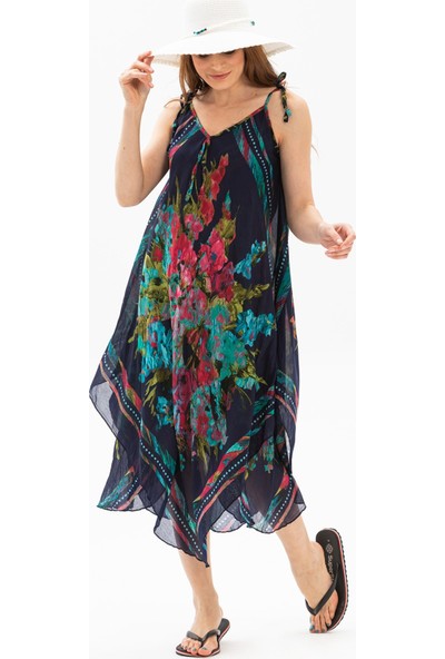 Eliş Şile Bezi Afrodit Vual Elbise Pano Desen Lacivert