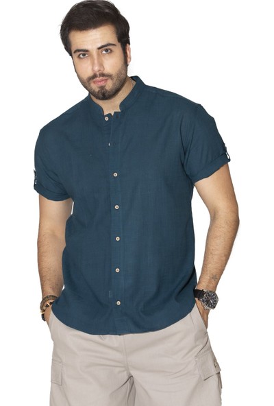 Eliş Şile Bezi Kısa Kol Şile Bezi Bodrum Erkek Gömlek Koyu Petrol