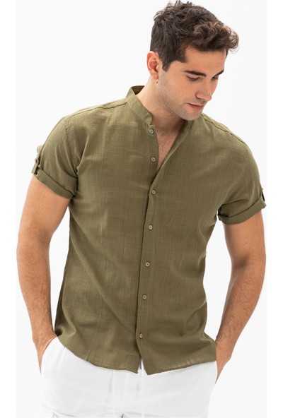 Eliş Şile Bezi Kısa Kol Şile Bezi Bodrum Erkek Gömlek Haki