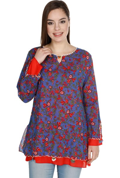 Eliş Şile Bezi Uzun Kol Ceyda Vual Bluz Tomurcuk Desen Saks