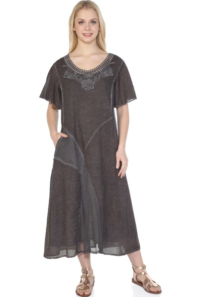 Eliş Şile Bezi Turna Şile Bezi Elbise Koyu Kahverengi