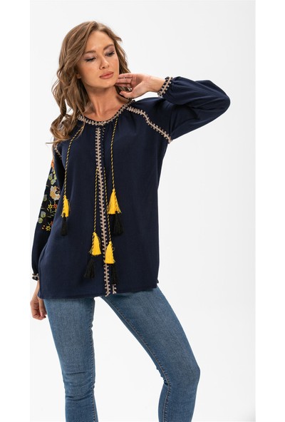 Eliş Şile Bezi Nigar Şile Bezi Bluz Lacivert
