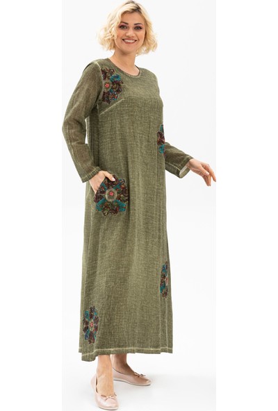 Eliş Şile Bezi Uzun Kol Şile Bezi Elif Elbise Haki