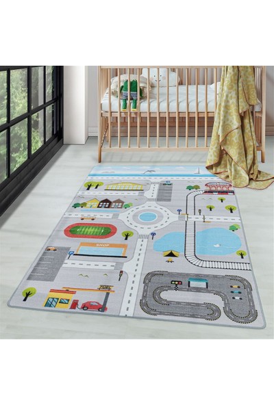 Ayyıldız Halı Çocuk Bebek Odası Oyun Halısı Şehir ve Trafik Temalı Gri Tonlarda