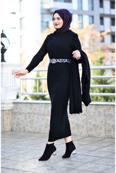 Modam Afra Hırka Elbise Triko Tesettür Takım - Siyah Modam Afra Hırka Elbise Triko Tesettür Takım - Siyah