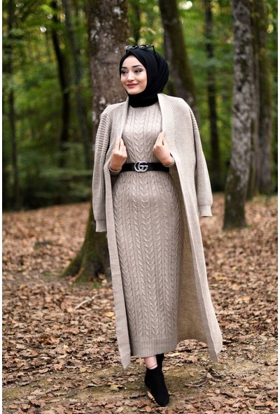 Modam Afra Hırka Elbise Triko Tesettür Takım - Vizon Modam Afra Hırka Elbise Triko Tesettür Takım - Vizon
