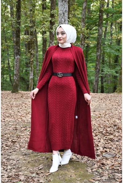 Modam Afra Hırka Elbise Triko Tesettür Takım - Bordo Modam Afra Hırka Elbise Triko Tesettür Takım - Bordo