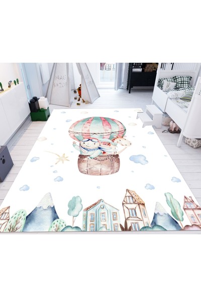 Jungle Halı Jungle Uçan Balonlu Zürafalı Dijital Baskılı Çocuk Halısı Jungle Halı Jungle Uçan Balonlu Zürafalı Dijital Baskılı Çocuk Halısı