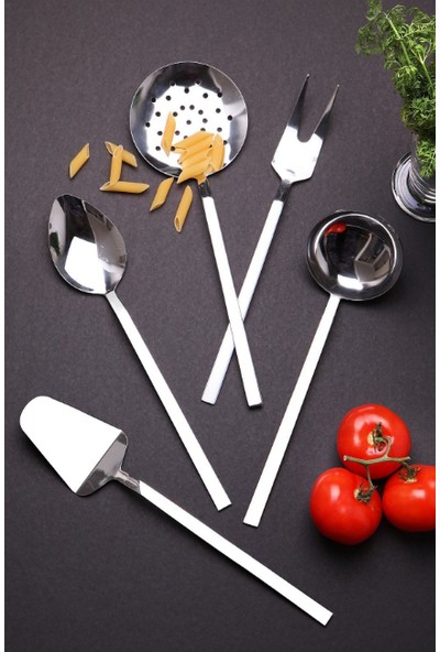 Miazze Bella 8 Parça Sade Çelik Servis Maşa Seti ve Kepçe Takımı Miazze Bella 8 Parça Sade Çelik Servis Maşa Seti ve Kepçe Takımı