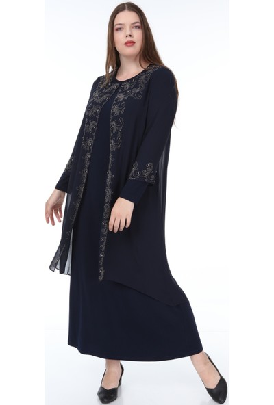 Perya Boncuk Işlemeli Büyük Beden Şifon Abiye Elbise Lacivert Perya Boncuk Işlemeli Büyük Beden Şifon Abiye Elbise Lacivert