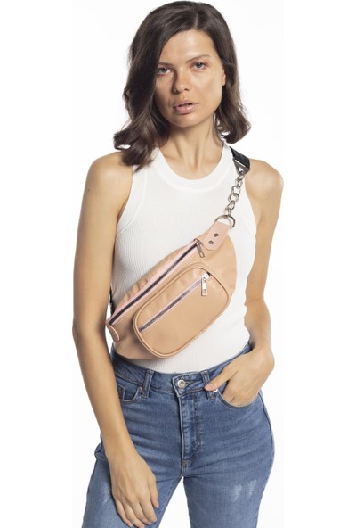 Madamra Kadın Tulum Cepli Zincirli Bel Çantası Pudra