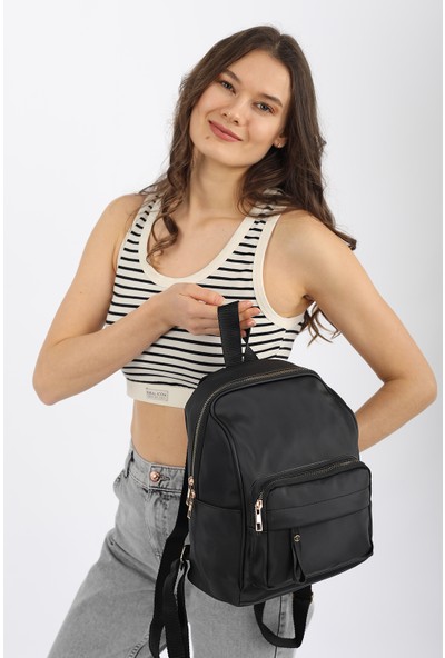 Madamra Siyah Kadın Saten Kumaş Çok Gözlü Okul Ve Sırt Çantası