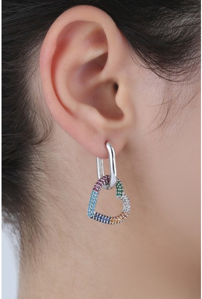 Vintrend Renkli Zirkon Taşlı Gümüş Kalp Küpe